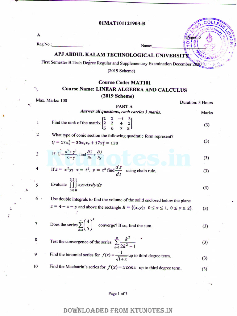 Mat101 Linear Algebra and Calculus, December 2020 | PDF | Geometry | Algebra