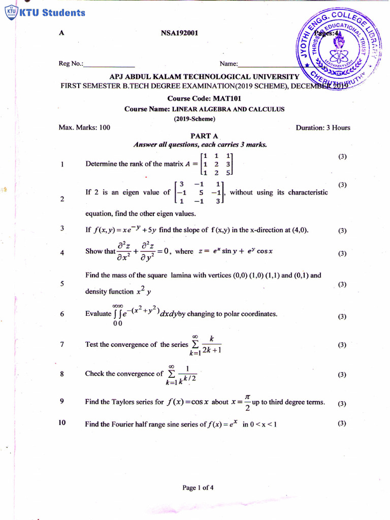 Linear Algebra & Calculus Exam | PDF | Functions And Mappings ...