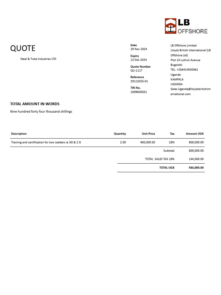 Welding Training Quote for LB Offshore | PDF