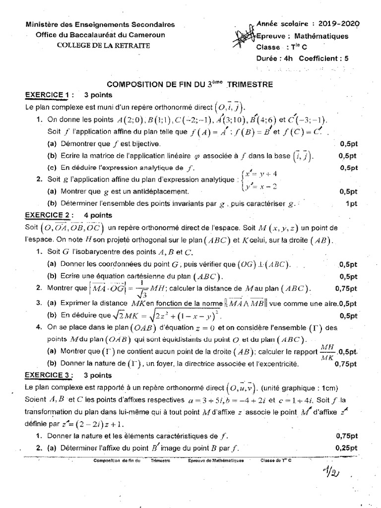 TleC Maths Baccalaureat Blanc College Retraite Juillet 2020 | PDF