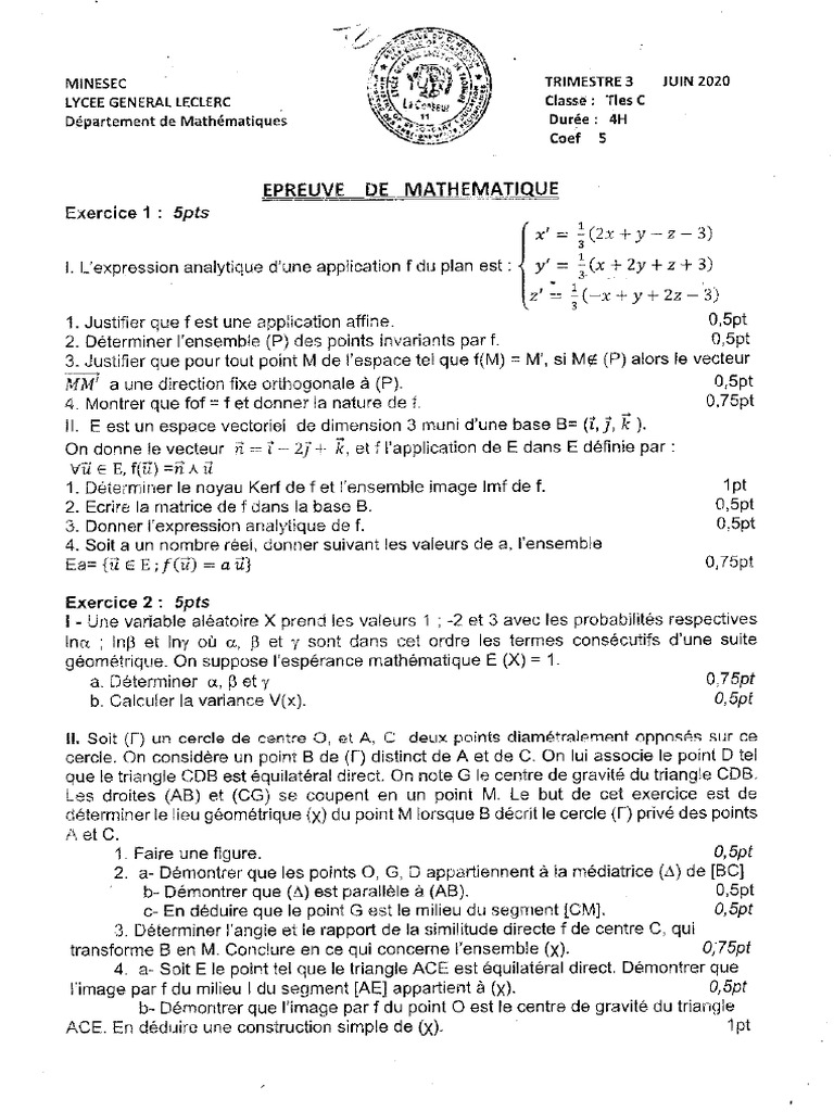 TleC Maths Baccalaureat Blanc Lycee Leclerc Juin 2020 | PDF