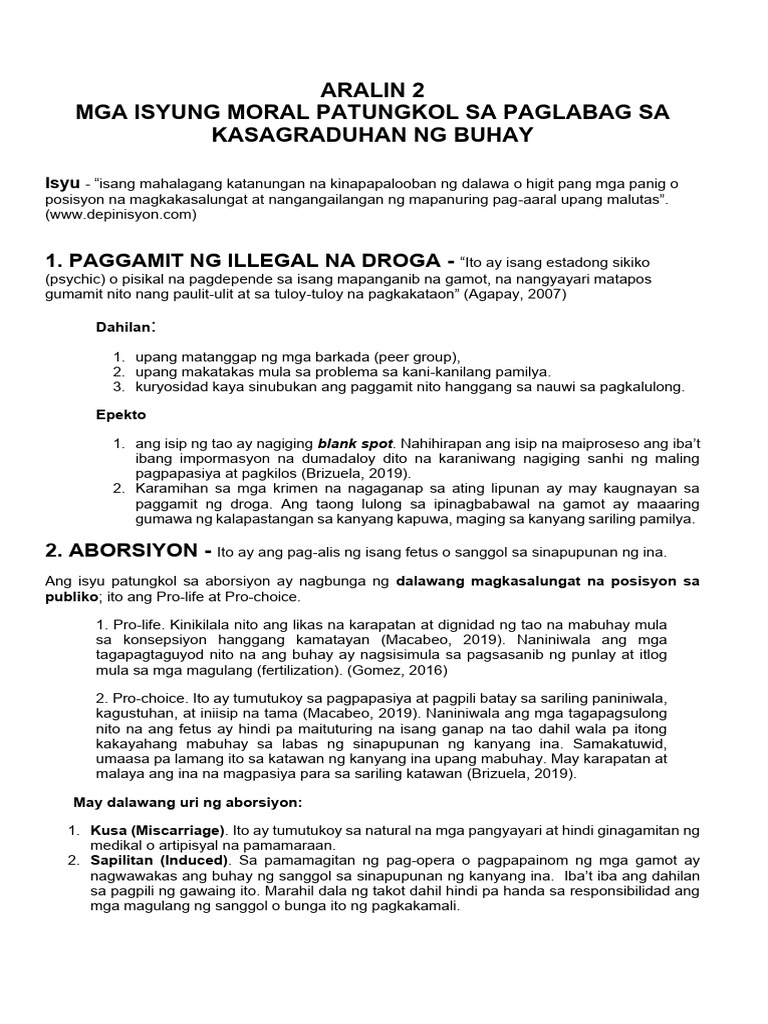 LECTURE - ARALIN 2 - MGA ISYUNG MORAL PATUNGKOL SA PAGLABAG SA KASAGRADUHAN NG BUHAY - Lecture | PDF