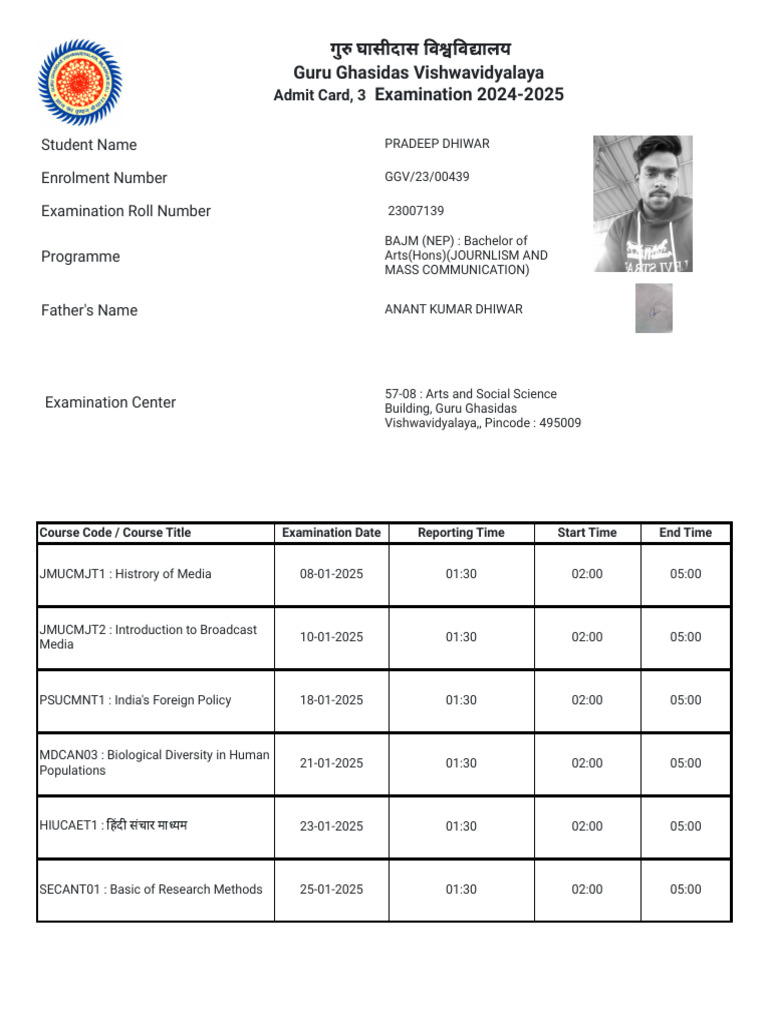 GGV Examination Admit Card 2024-2025 | PDF