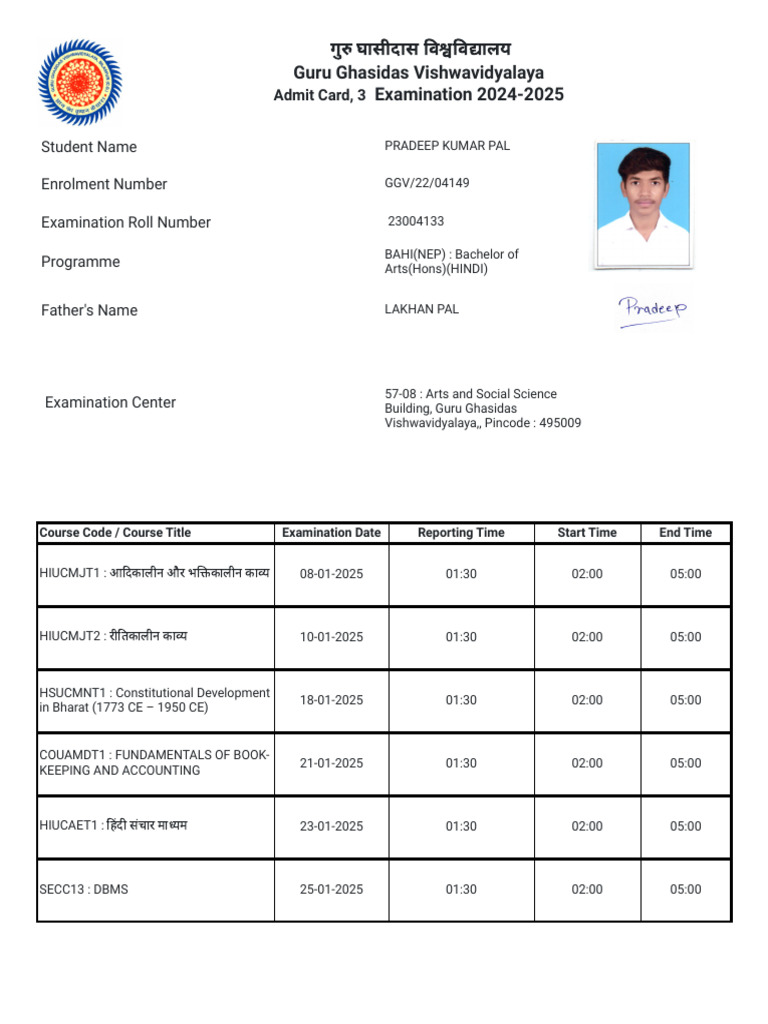 GGV - Samarth.edu - in Index - PHP Examstudent Hall-Admit-Card View Id ...