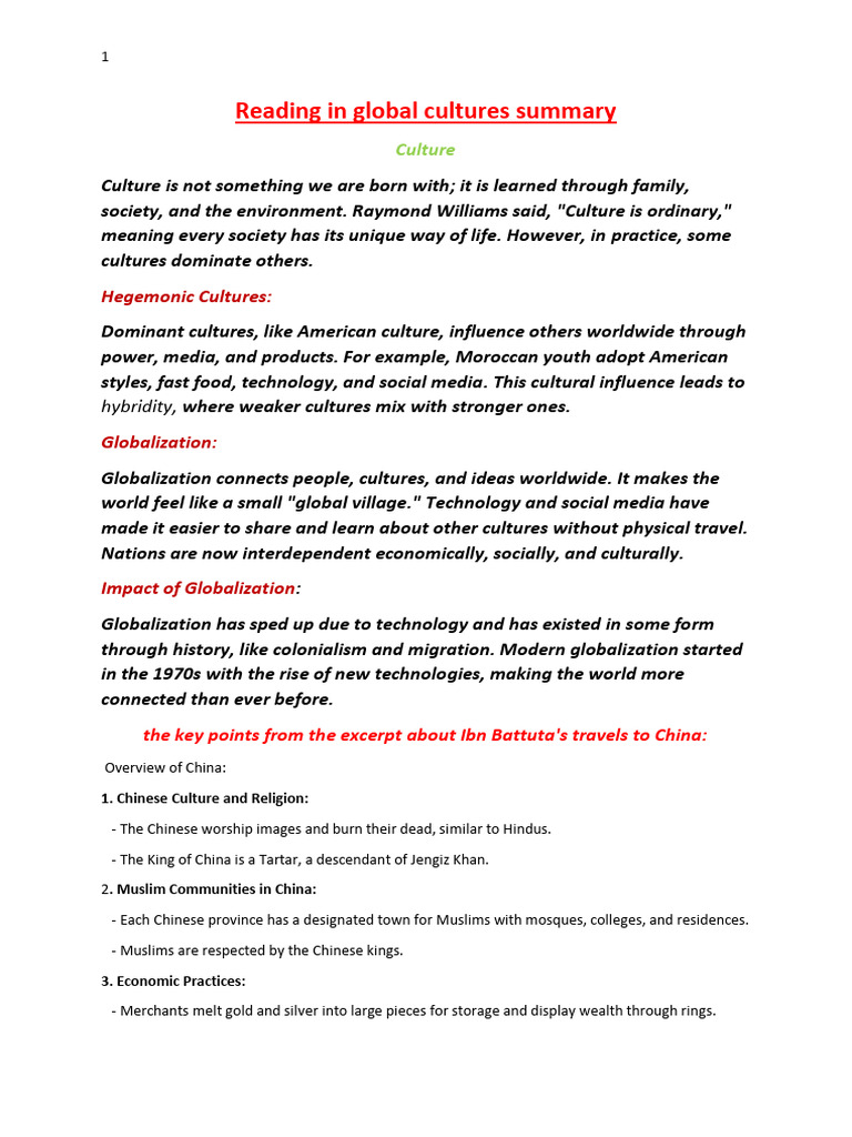 Reading in Global Culture Summary by AD (AutoRecovered) | PDF ...