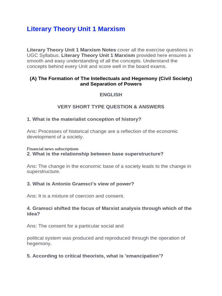 Literary Theory Unit 1 Marxism | PDF | Antonio Gramsci | Ideologies