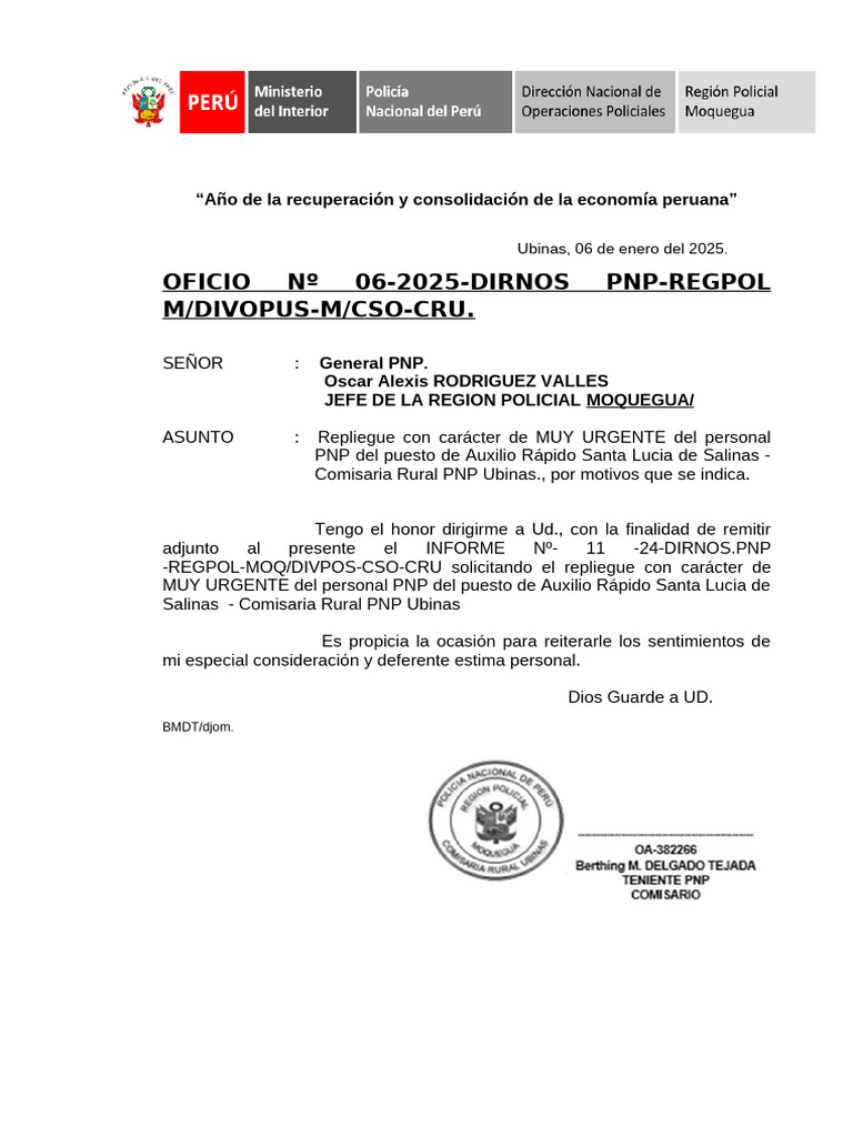 OFICIO PONE A DISPOSICION DE OMATE TNTE LLONTOP | PDF OFICIO PONE A DISPOSICION DE OMATE TNTE LLONTOP | PDF