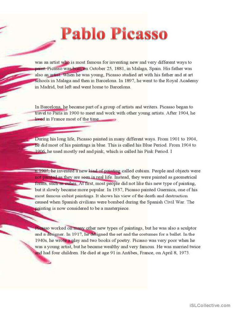 Pablo Picasso Direct Method Activities Reading Comprehension Exe ...