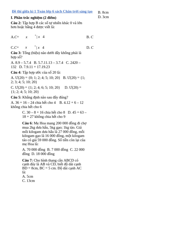 De Thi Giua Ki 1 Toan Lop 6 Sach Chan Troi Sang Tao de 2 | PDF