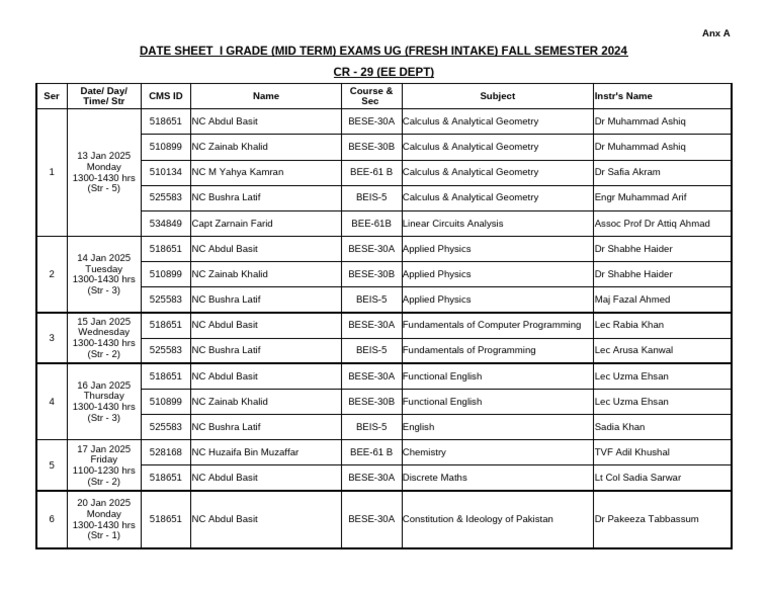 Date Sheet I Grade (BESE0-30) | PDF | Mathematics