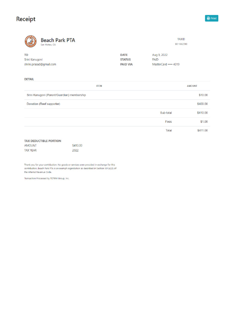 Beach Park PTA Receipt | PDF