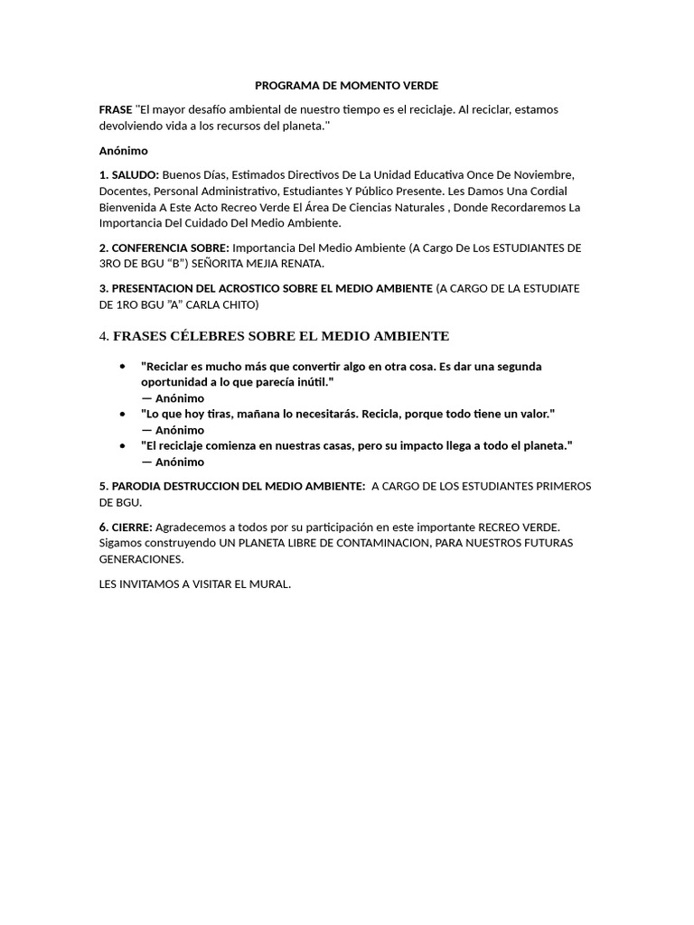 PROGRAMA RECREO VERDE | PDF