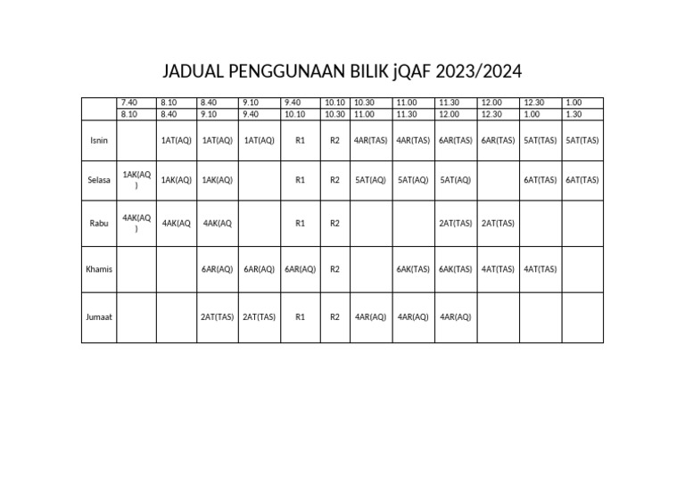 Jadual Penggunaan Bilik Jqaf | PDF