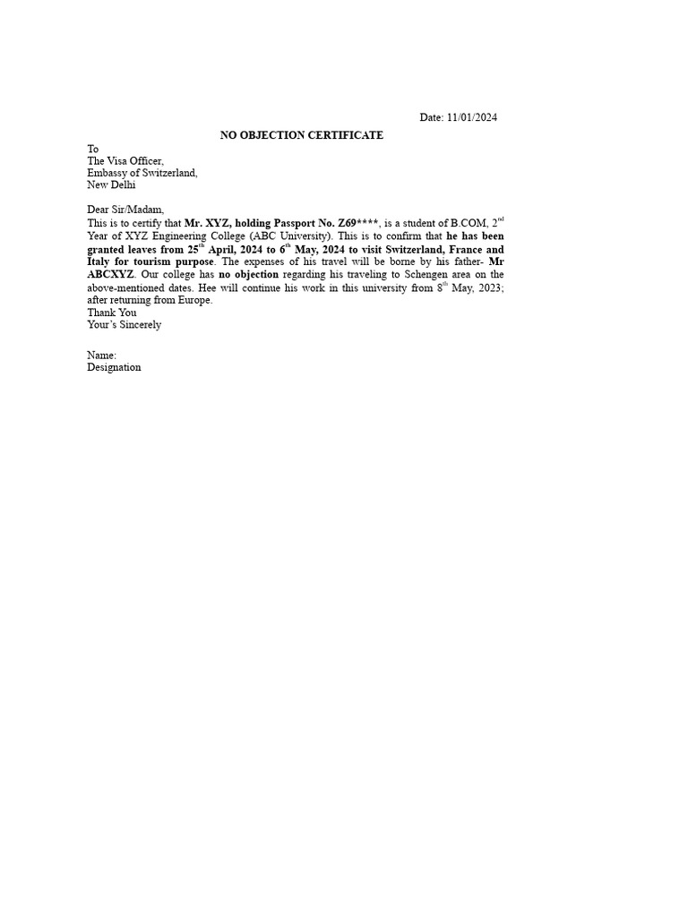 NOC Letter for Student Travel Abroad | PDF