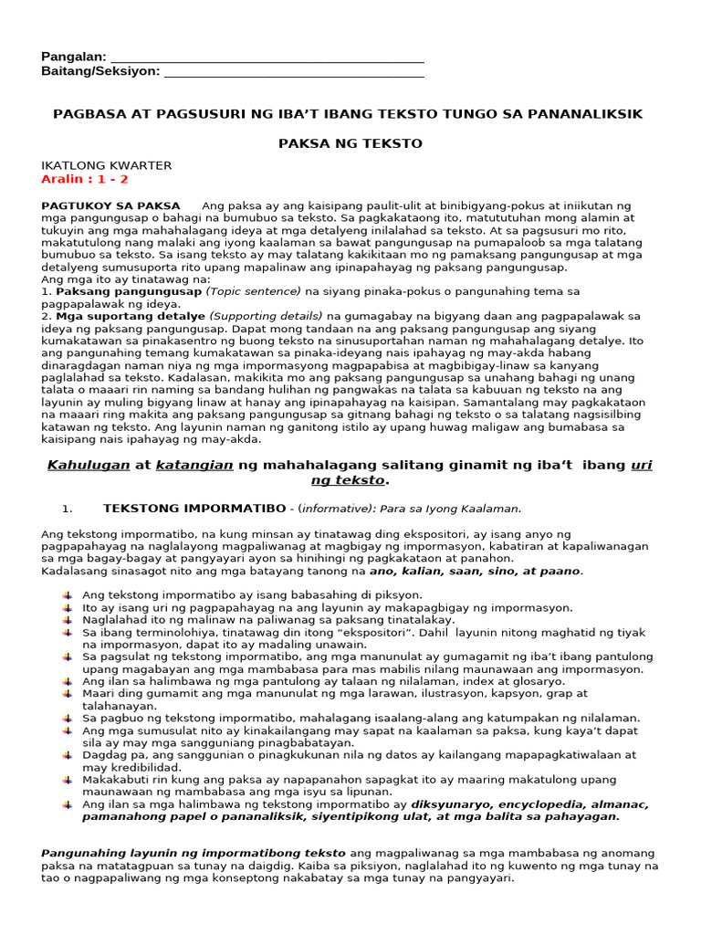 Q3 PAGBASA AT PAGSUSURI Aralin 1 2 | PDF