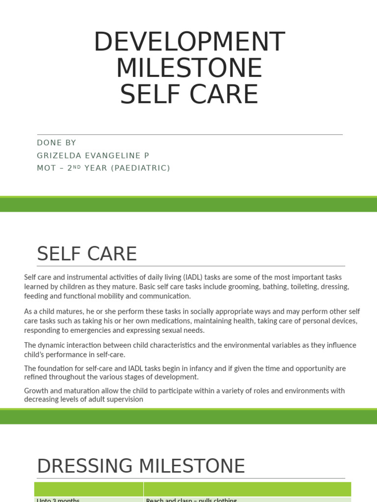 Self Care Milestone | PDF | Sock | Anatomical Terms Of Motion
