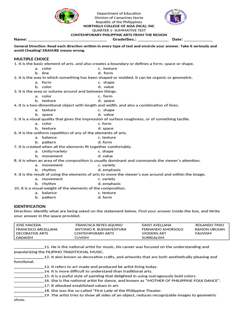Quarter 1 Summative Test: Arts | PDF | Composition (Visual Arts) | The Arts