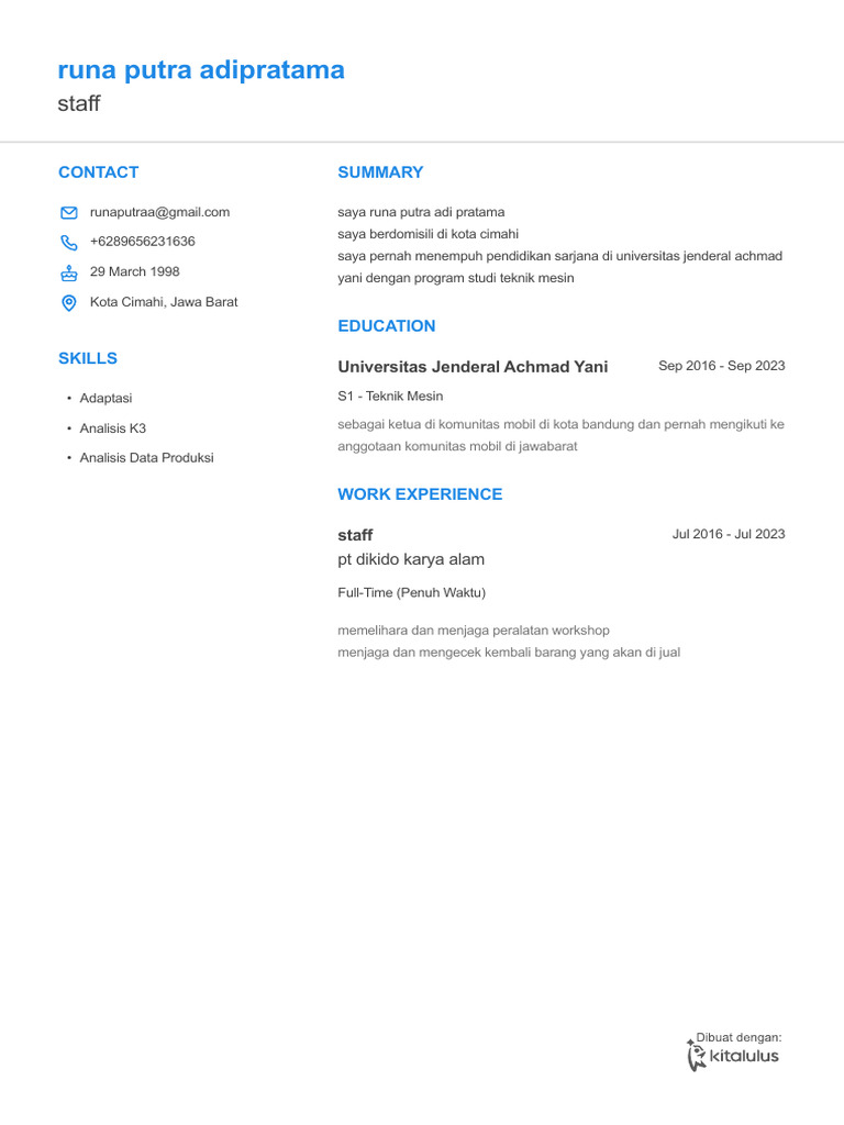 Runa Putra Adipratama - KitaLulusCV | PDF