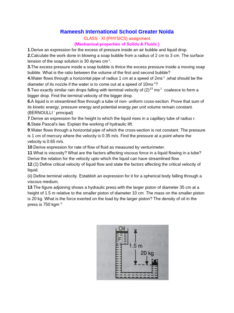Class Xi Assignment Physics Solids and Fluids | PDF | Pressure | Drop (Liquid)