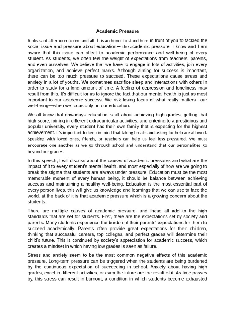 Academic Pressure Speech | PDF | Mental Health | Anxiety