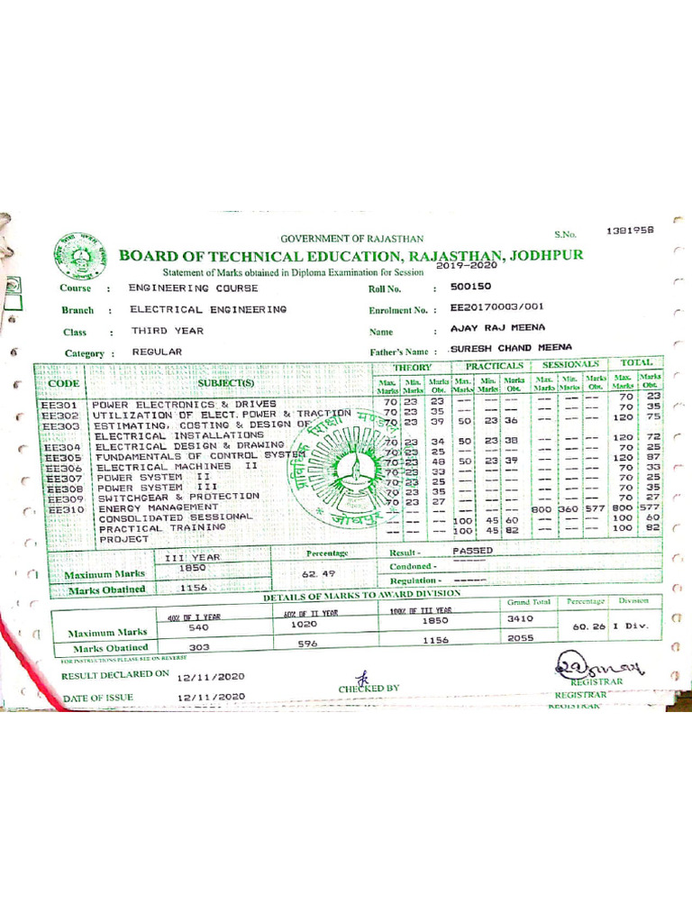 3rd Yar Marksheet | PDF