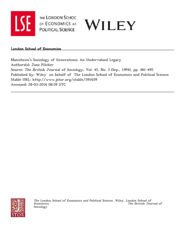 Mannheims Sociology of Generations An Undervalued Legacy (Jane Pilcher ...