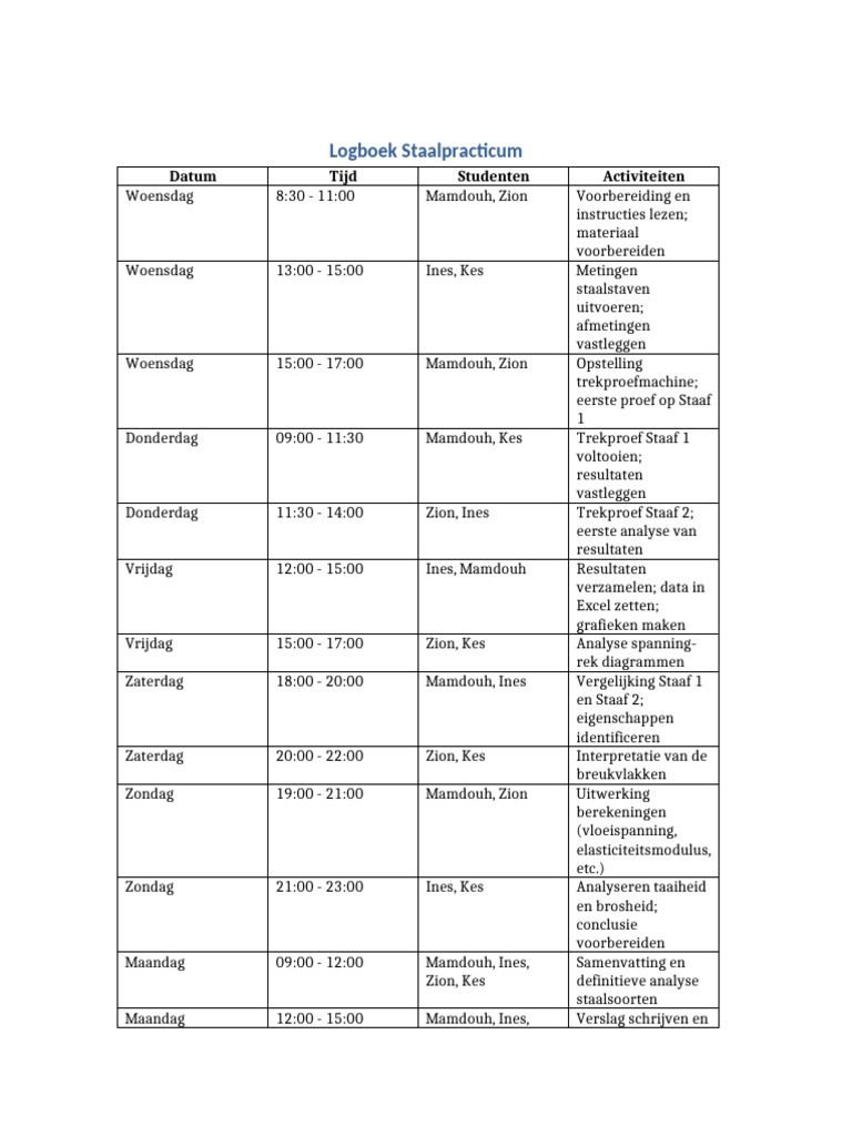 Logboek Staalpracticum Gestructureerd | PDF
