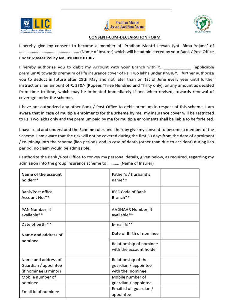2 Pmjjby (Pradan Mandri Jeevan Jothi Bhima Yojana) Consent Cum ...