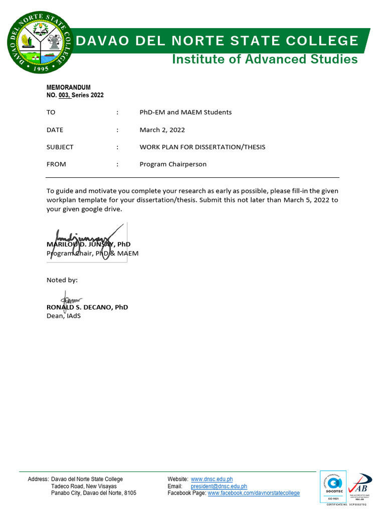 Memo-_003_Dissertation_Thesis-Workplan | PDF