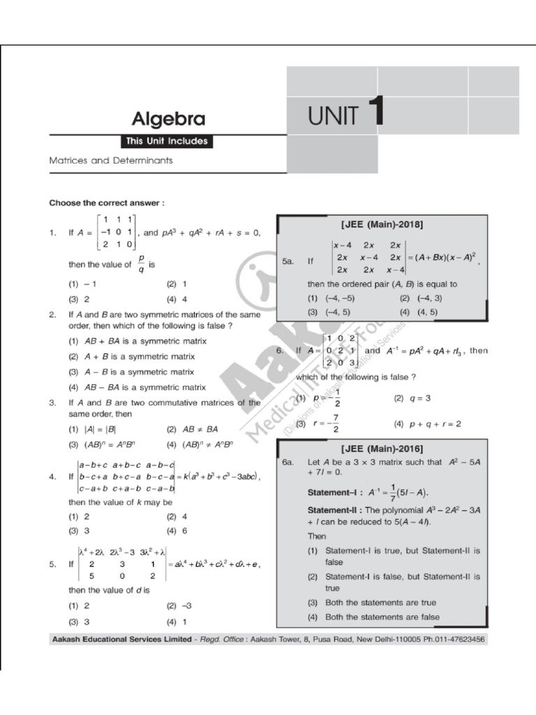1)Matrices and Determinants -- Aakash -- 2021 ...