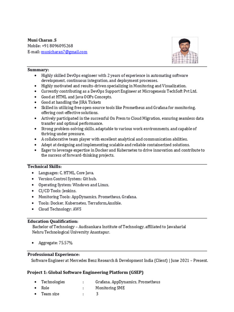 Muni Charan Sammana - 2years Exp | PDF | Cloud Computing | Amazon Web ...