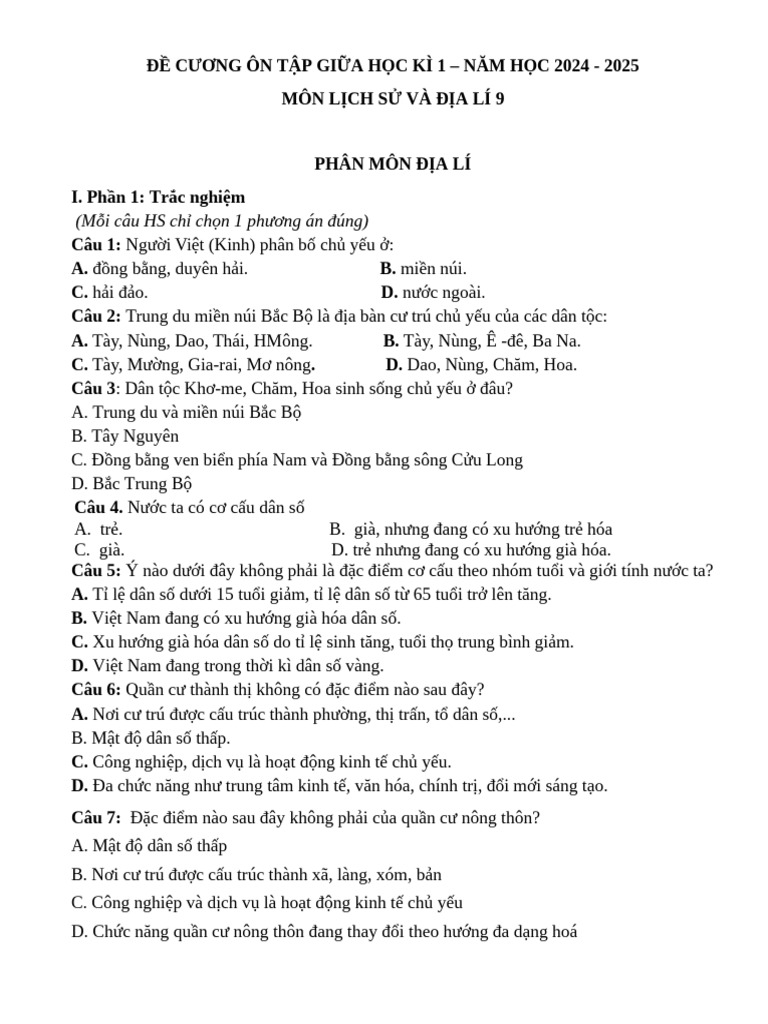 ĐỀ CƯƠNG ÔN TẬP GKI ĐỊA 9 | PDF