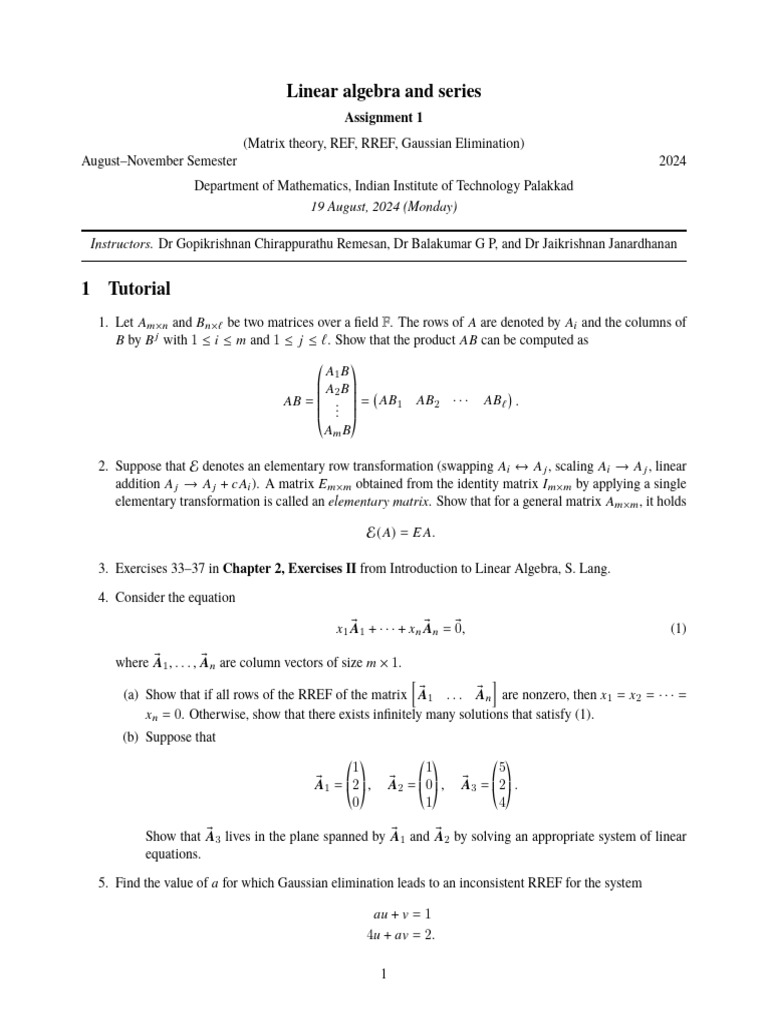 Assignment 1 MA1011A 2024 | PDF | Matrix (Mathematics) | Abstract Algebra