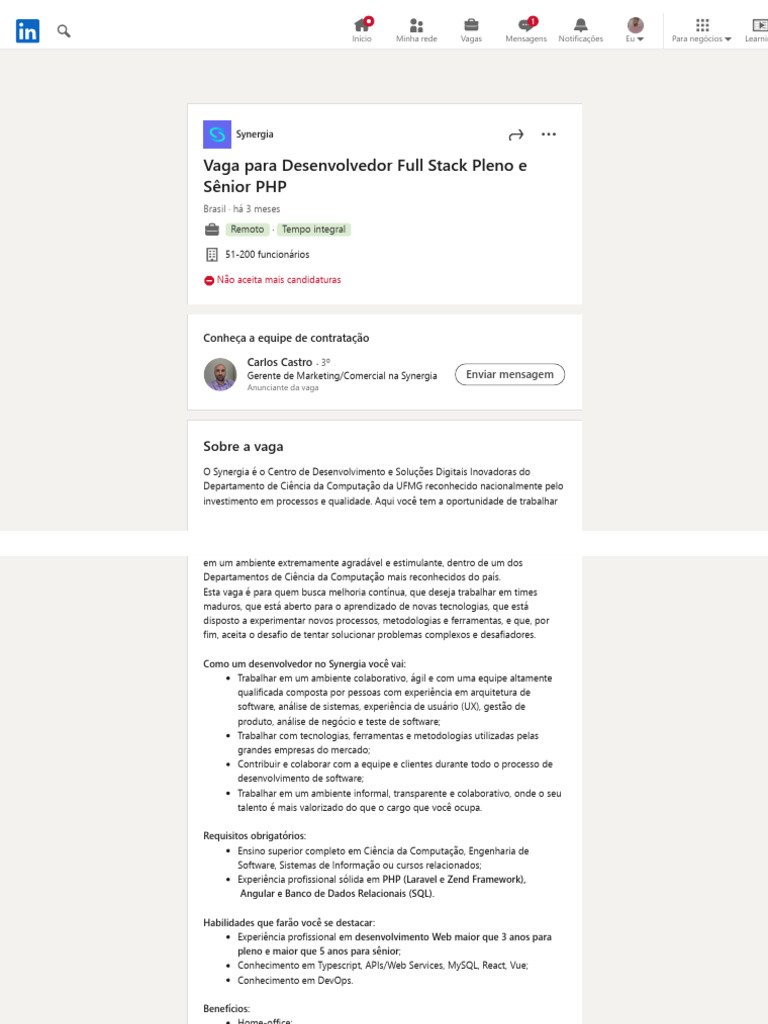 (1) Vaga para Desenvolvedor Full Stack Pleno e Sênior PHP _ Synergia _ LinkedIn | PDF ...