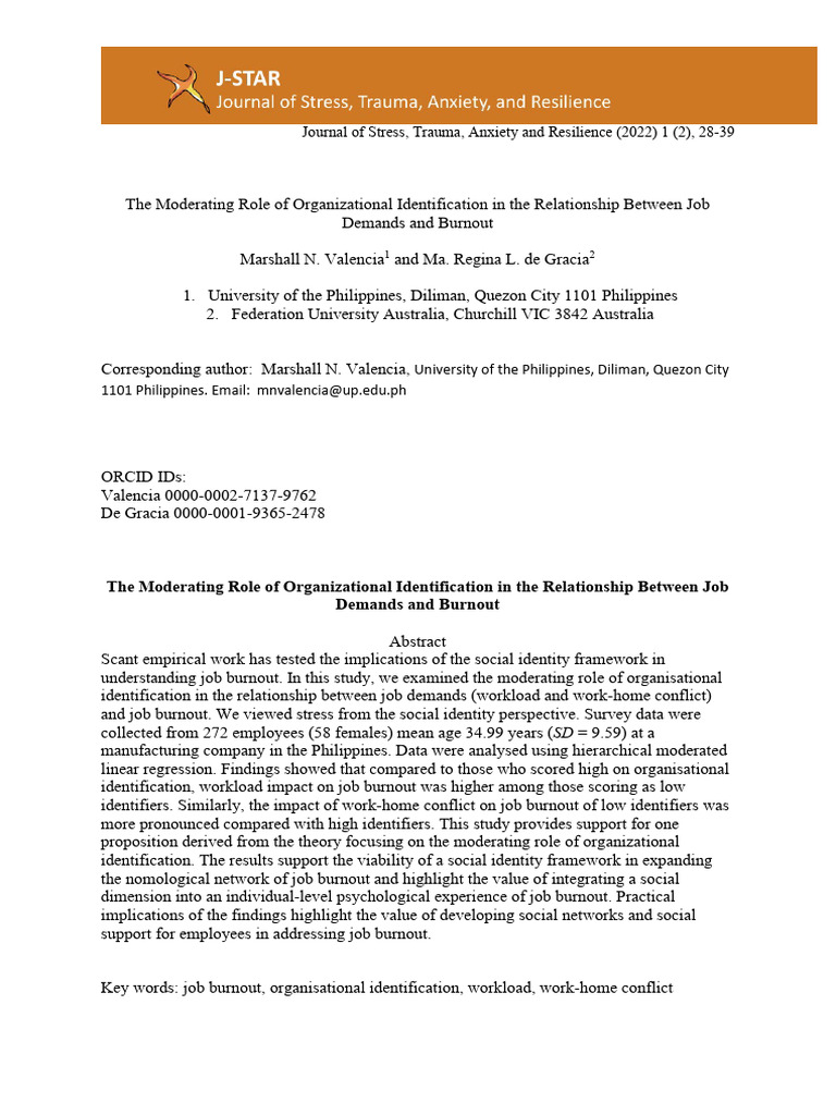 Organizational Identification and Job Burnout | PDF | Occupational ...