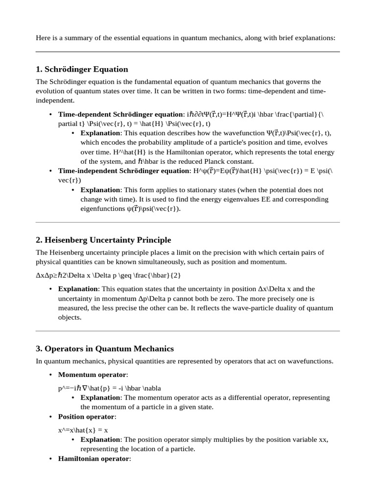 Essential Quantum Mechanics Equations | PDF | Wave Function ...