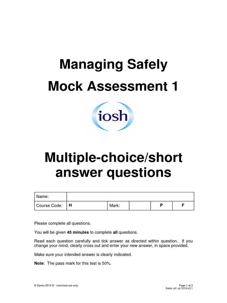 1013 Mock Assessment 1 v3.1 | PDF | Risk | Risk Assessment