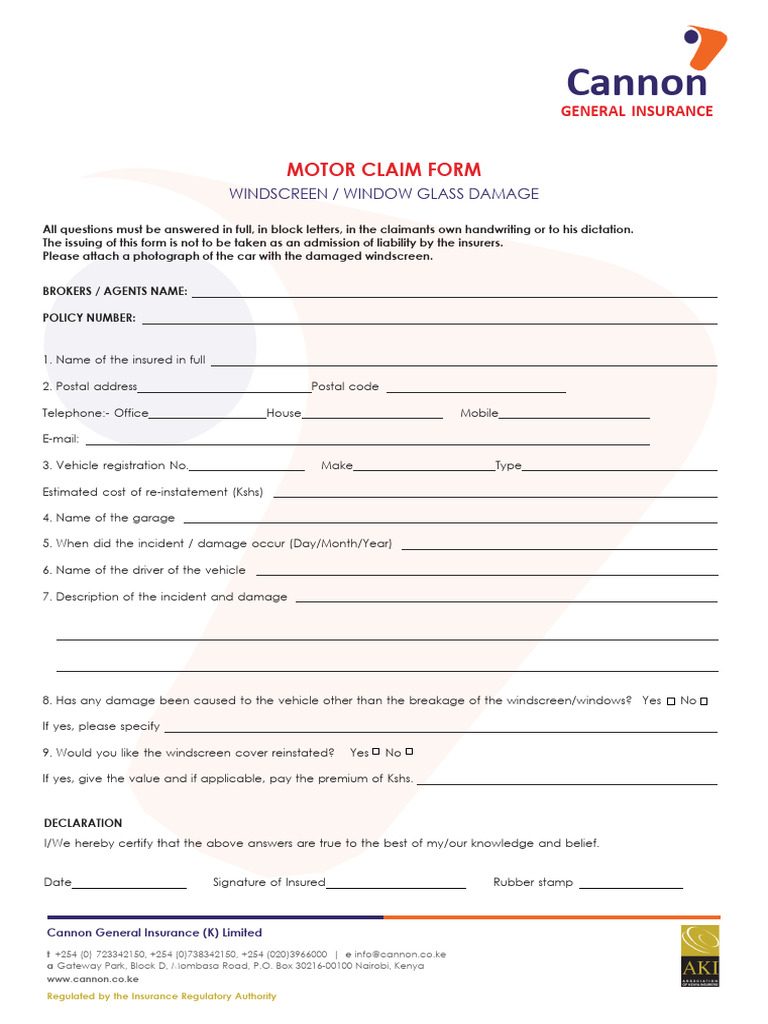 Motor - Windscreen Window Glass Claim Form | PDF