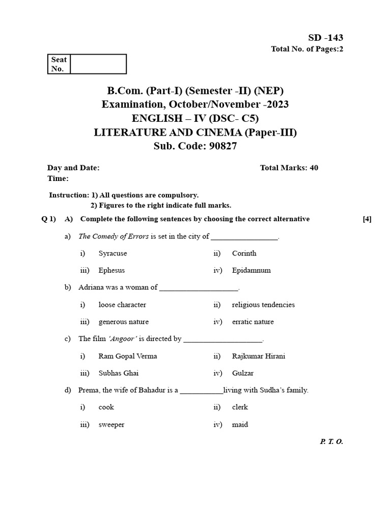 B.Com. English IV Exam Paper 90827 | PDF | The Comedy Of Errors ...
