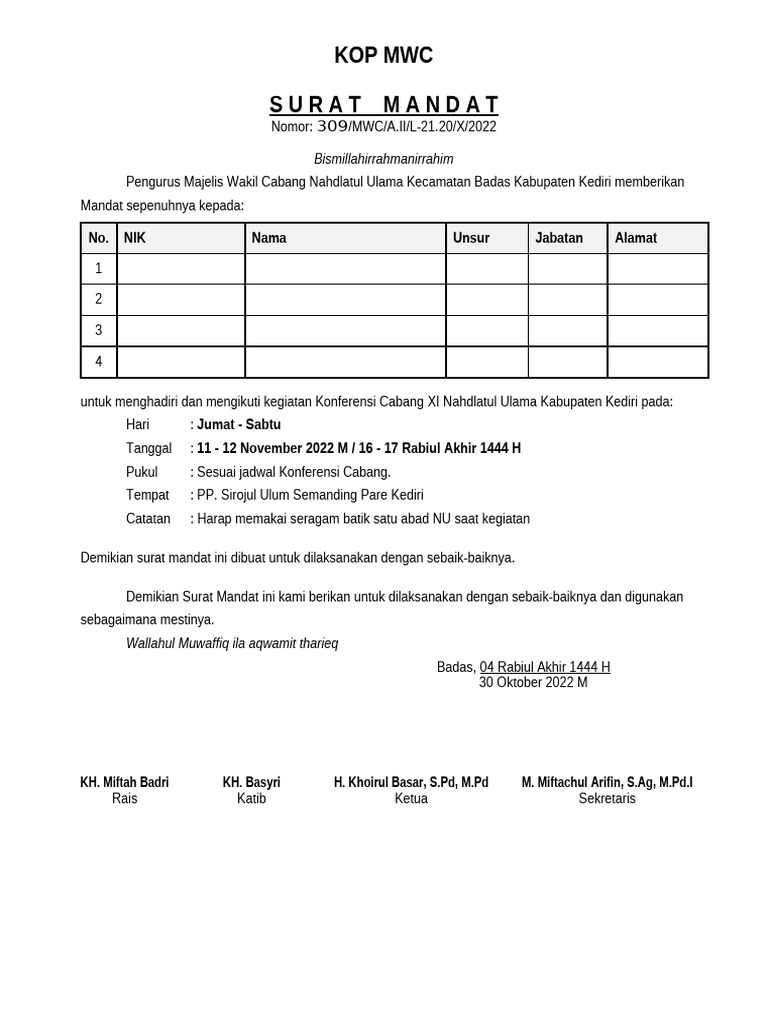 Contoh Surat Mandat MWC | PDF