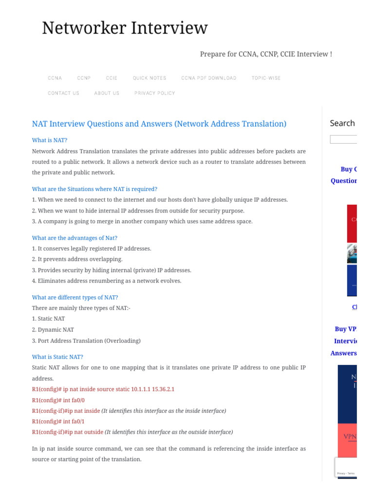 NAT Interview Questions and Answers (Network Address Translation) _ Networker Interview | PDF ...
