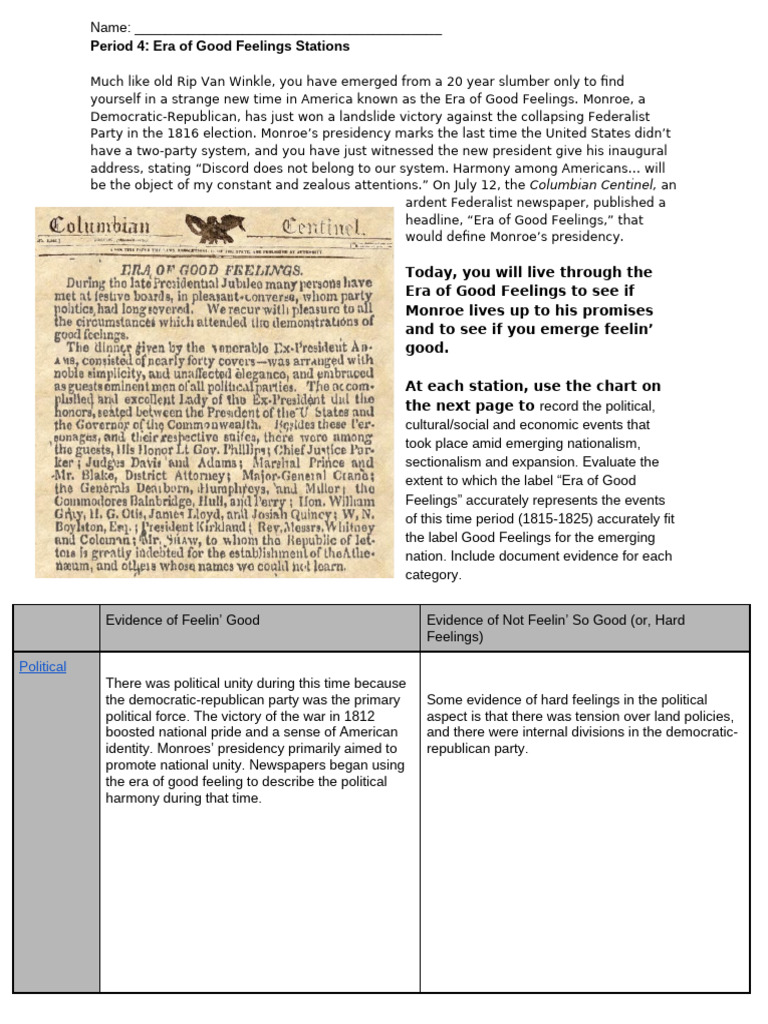 Era of Good Feelings Handout | PDF | Politics Of The United States ...