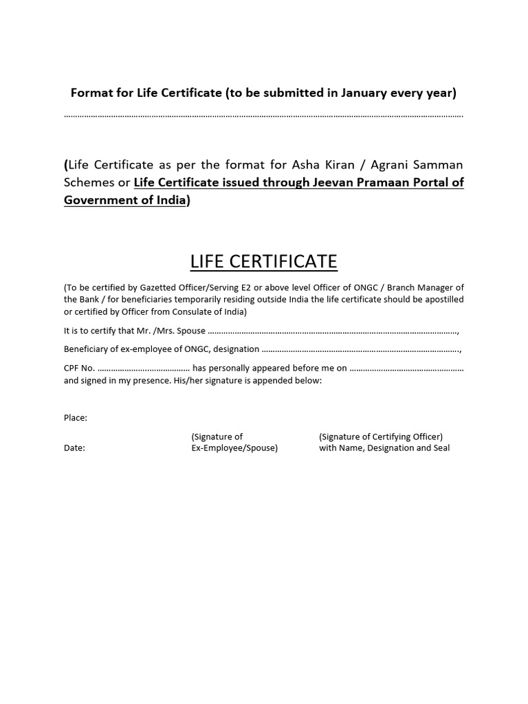 ONGC Life Certificate Format 2025 | PDF