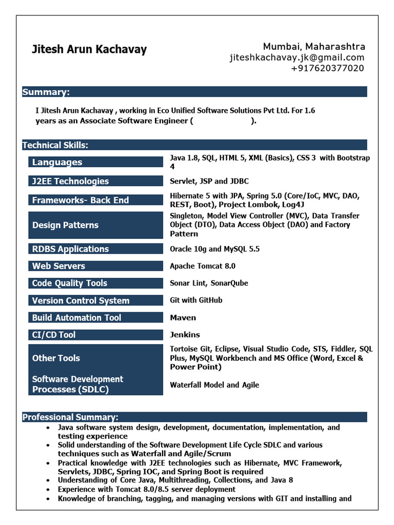 Jitesh Kachavay Java Developer 1.6 Years | PDF | Java (Programming ...