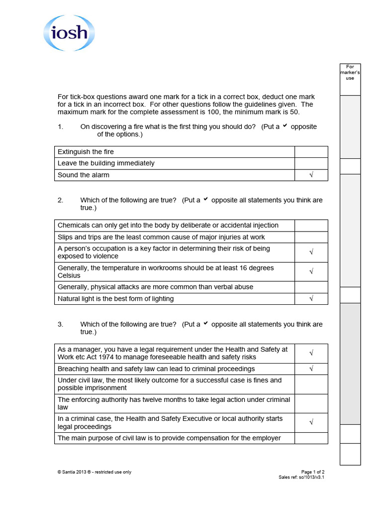 1013 Marking Scheme Mock Assessment 2 v3.1 | PDF | Occupational Safety And Health | Negligence