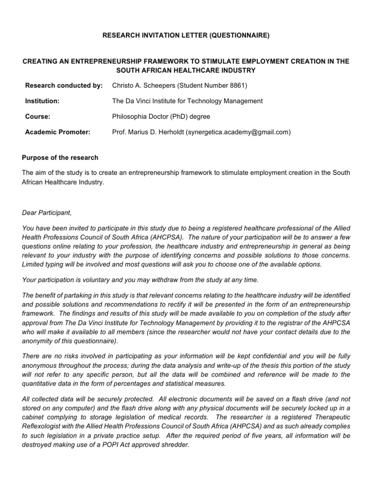Research Invitation Letter QUESTIONNAIRE | PDF