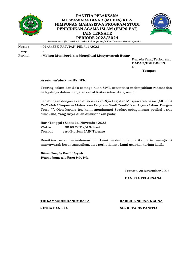 Surat Izin Mengikuti Mubes | PDF