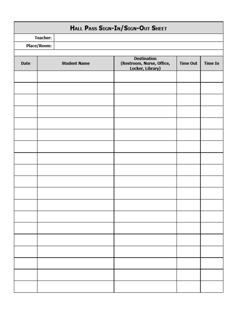 Hall Pass Sign-In/Out Sheet Template | PDF