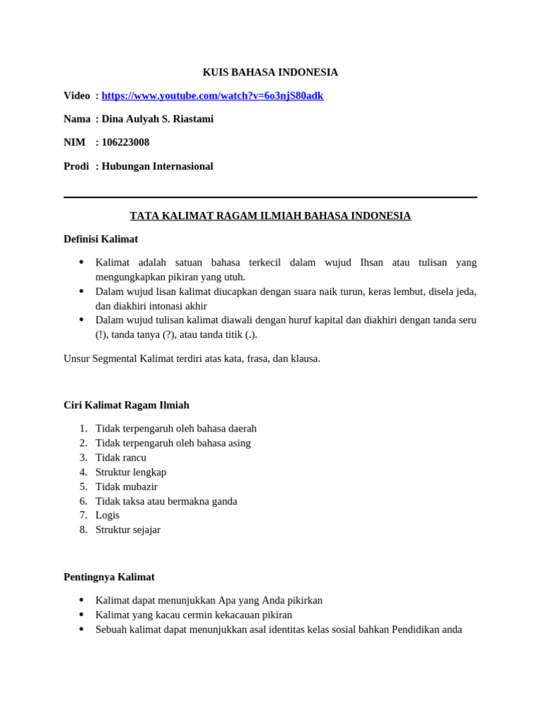 Tugas 5 Tata Kalimat Ragam Ilmiah Bahasa Indonesia | PDF