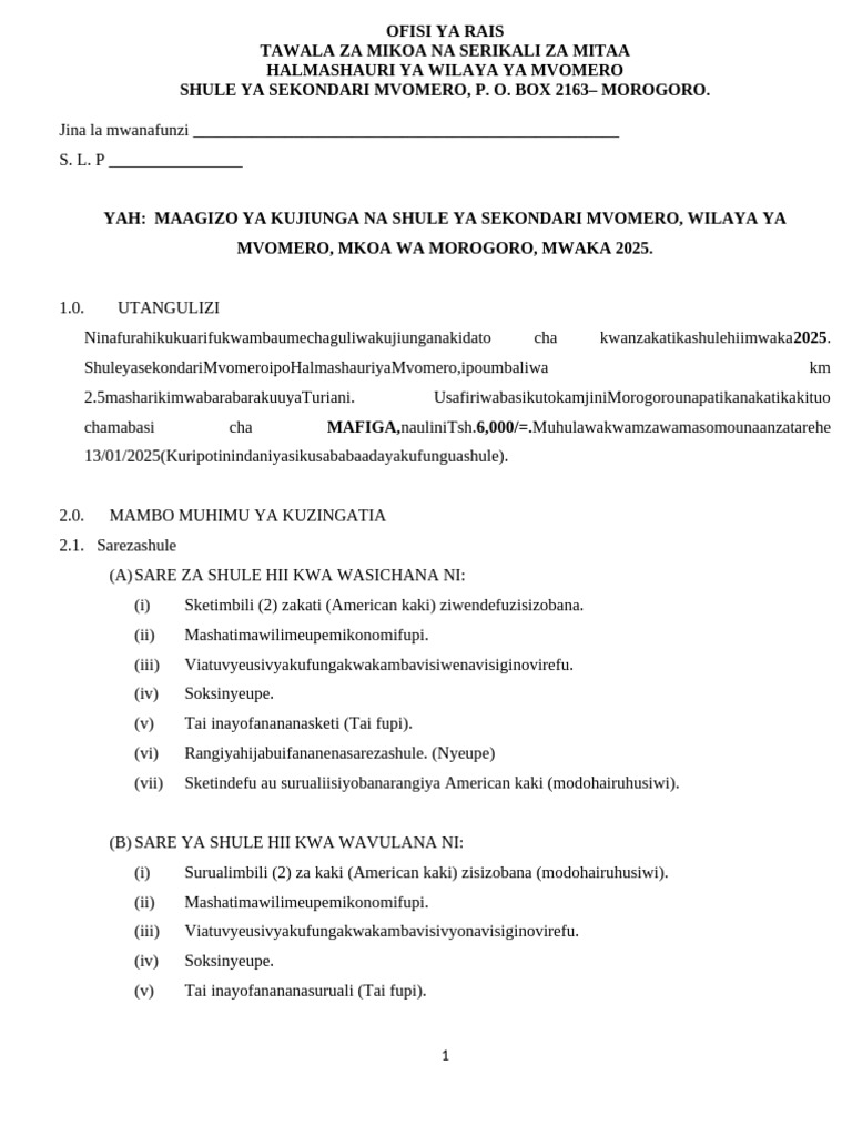 Maagizo ya Kujiunga na Shule Mvomero | PDF | Immunology | Medicine